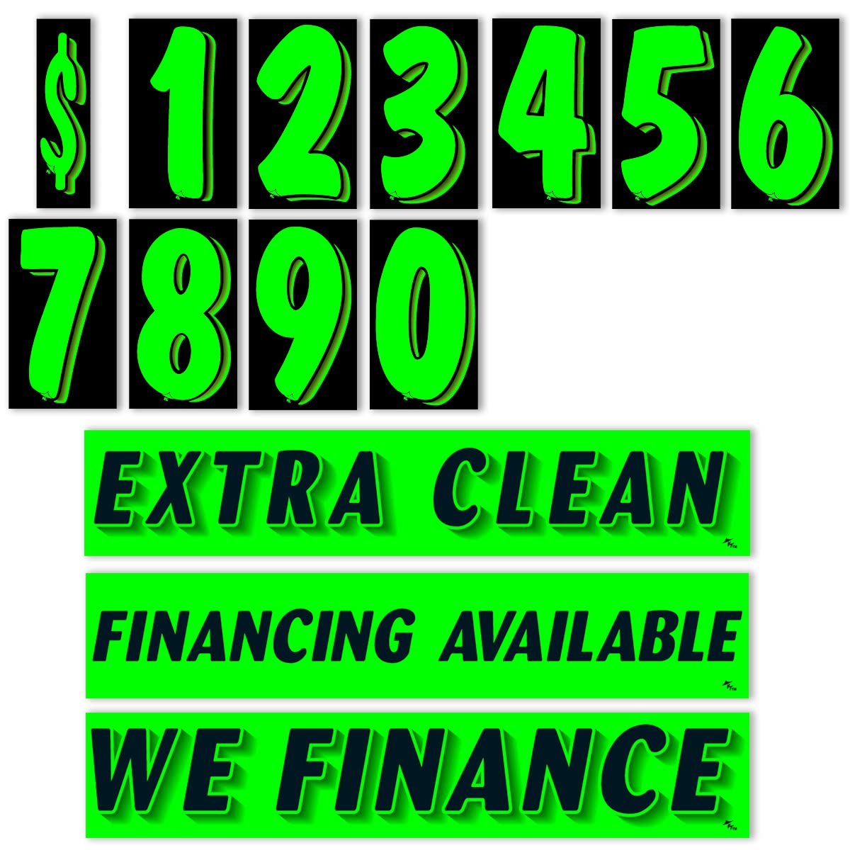 VERSA-TAGS 7.5" Black/Green Vinyl Number Decals 11 Dozen Set Windshield Pricing & 1 Pack of Each of Extra Clean, Financing Available, We Finance 14.5" x 2.75" Sticker Windshield Decal Auto Dealership