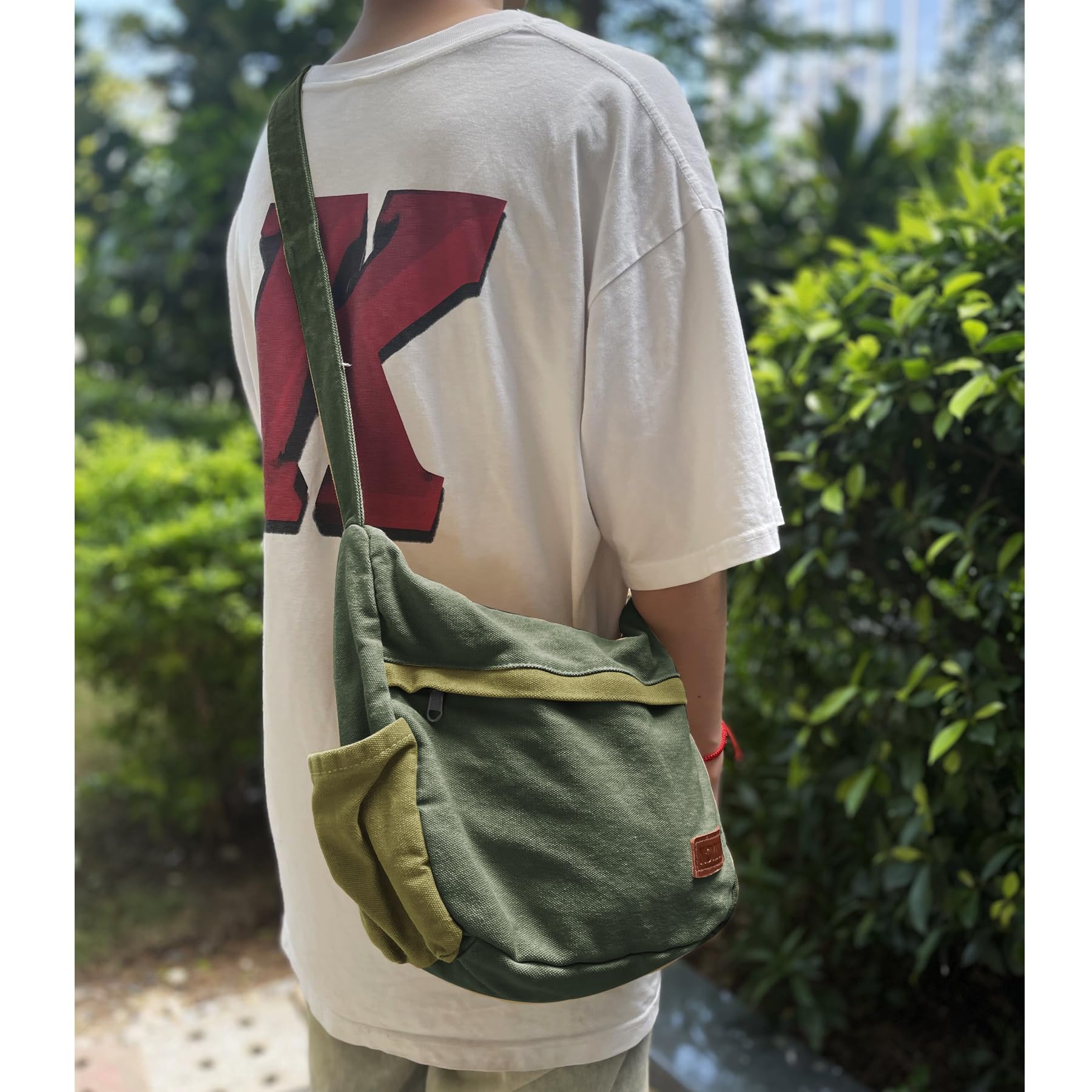 Large Canvas Messenger Bag with Multiple Pockets for Men and Women, Crossbody Shoulder Tote Hobo Laptop Bag(521/Green)