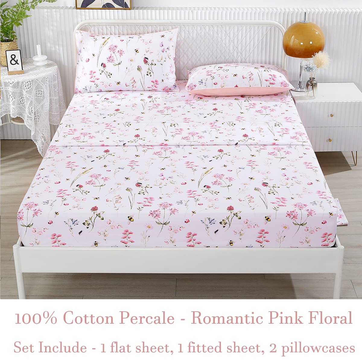 URBONUR 100% Egyptian Cotton Bed Sheets Full Size Set 4 Pcs,Cooling,Breathable Soft & Silky Percale Weave Floral Sheets Fits Mattress Up to 16" Deep Pocket (Pink Flowers & Bees, Full)