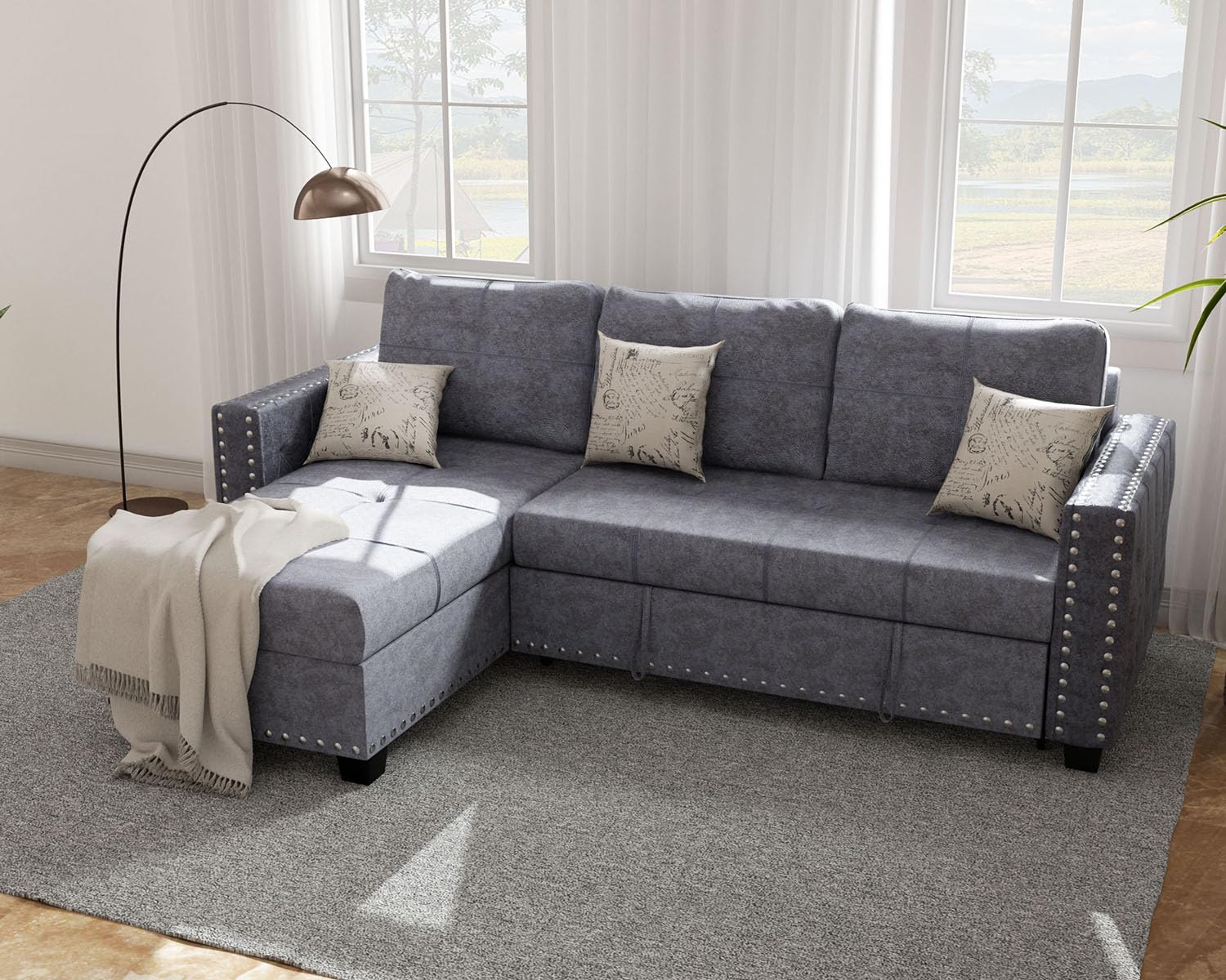 Ucloveria, 91" Sleeper Sofa Reversible Storage Chaise Living Room L-Shape Lounge 2 in 1 Sectional Couch with Pull Out Bed, Delta Gray, Dark Grey