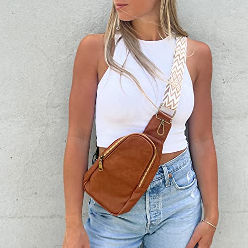 Women Chest Bag Sling Bag Guitar Strap Small Crossbody PU Leather Satchel Daypack Multipurpose Chest Bag For Traveling