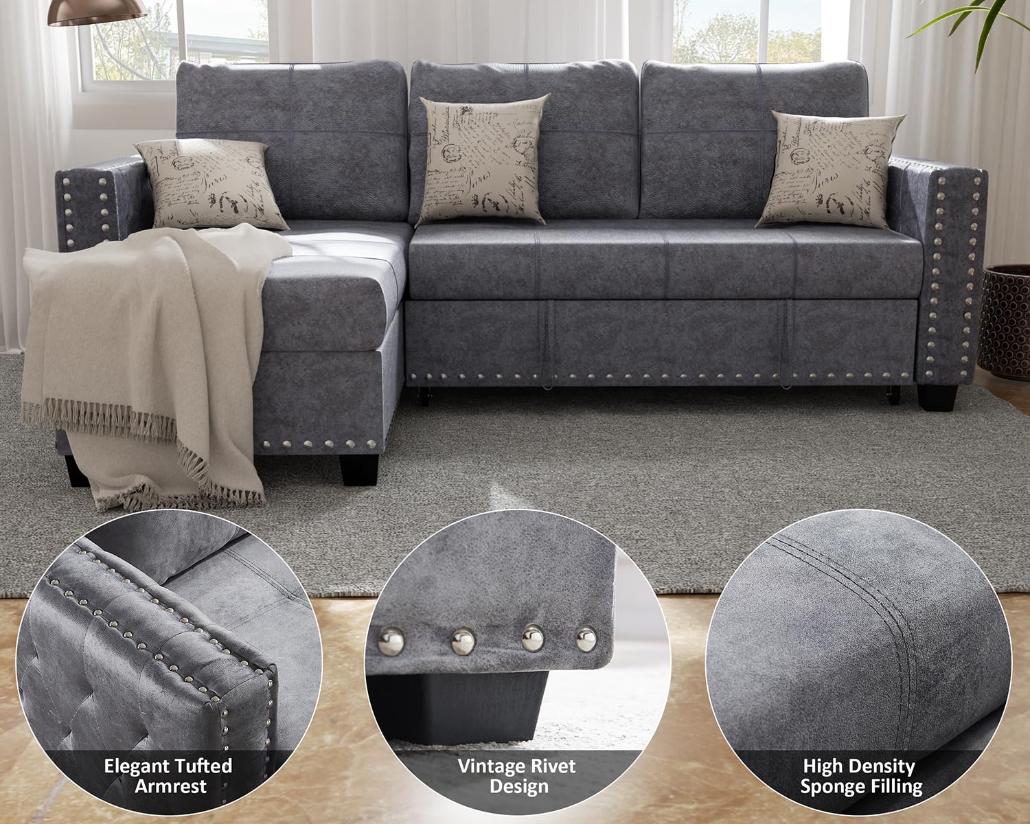 Ucloveria, 91" Sleeper Sofa Reversible Storage Chaise Living Room L-Shape Lounge 2 in 1 Sectional Couch with Pull Out Bed, Delta Gray, Dark Grey