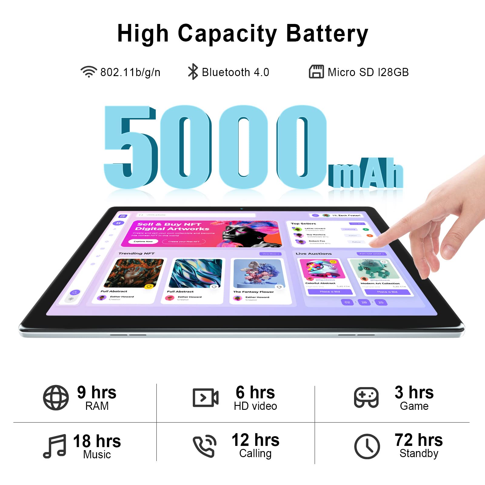 Mouikei 10 inch Tablet Android 12 Tablets, Quad-Core Tablet PC, 32GB ROM 128GB Expand, 1280x800 HD Touch Screen, 5000mAh, Dual Speaker, Bluetooth, WiFi, Dual Camera, GPS, Silver