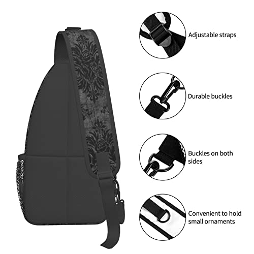 Hellokugou Sling Backpack Gothic Black Damask Multipurpose Crossbody Shoulder Chest Bag Travel Hiking Daypack