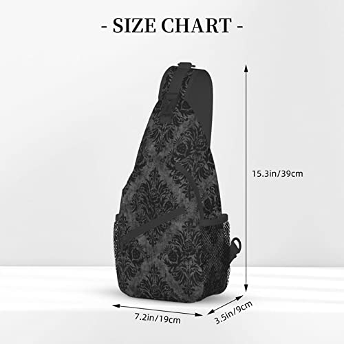 Hellokugou Sling Backpack Gothic Black Damask Multipurpose Crossbody Shoulder Chest Bag Travel Hiking Daypack