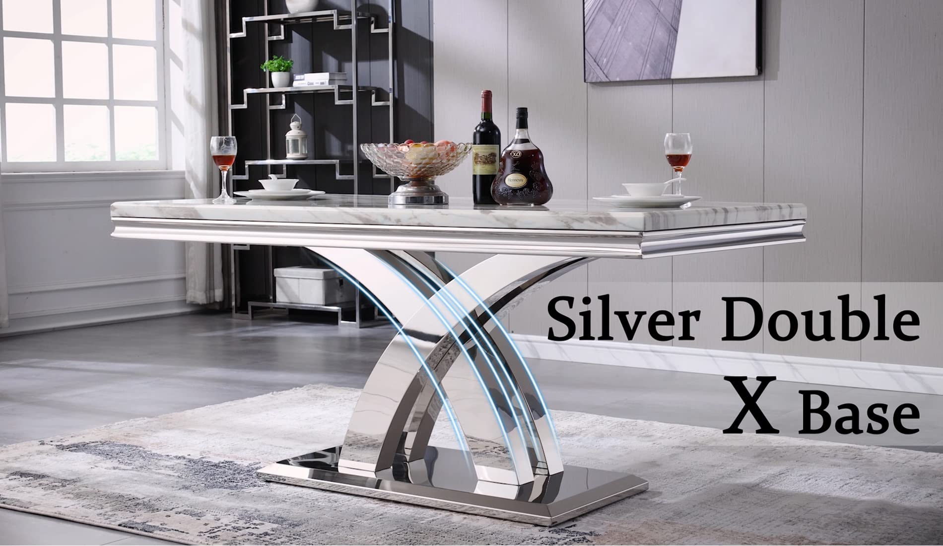 AUZ Dining Table, 65" Rectangular Modern Kitchen and Dining Room Table with Silver Double X Base in White Silver