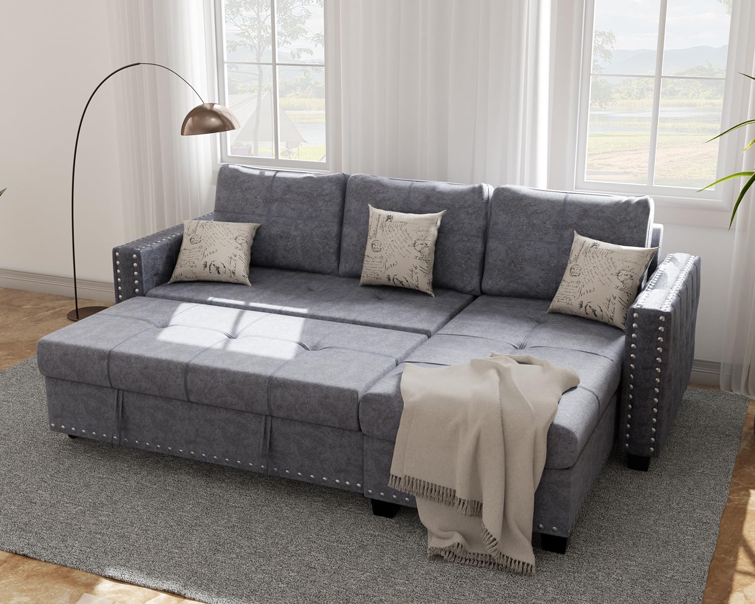 Ucloveria, 91" Sleeper Sofa Reversible Storage Chaise Living Room L-Shape Lounge 2 in 1 Sectional Couch with Pull Out Bed, Delta Gray, Dark Grey
