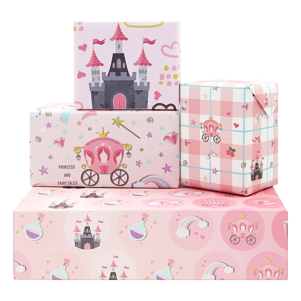 Pink Gift Wrapping Paper, 4 Folded Sheets Kraft Birthday Wrapping Paper Castle Carriage Fairy Tales Princess Magical Gift Wrap Paper 20x28 inch for Girl Women Birthday Party Baby Shower Christmas