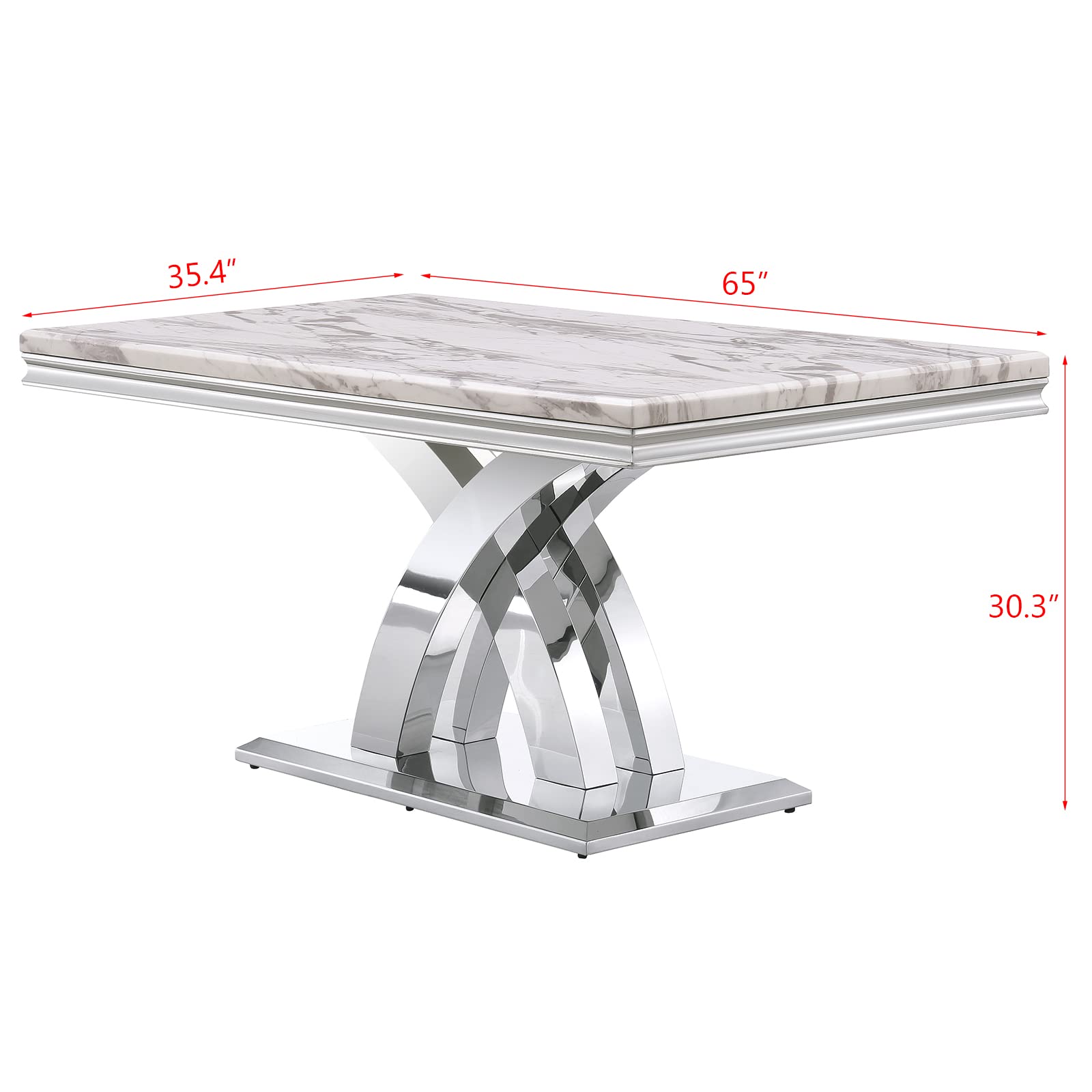 AUZ Dining Table, 65" Rectangular Modern Kitchen and Dining Room Table with Silver Double X Base in White Silver