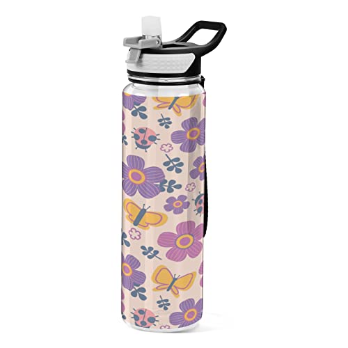Wusikd Flowers Butterflies Water Bottle Tritan BPA-Free Drink and Straw Leakproof Motivational Ladybug Drinking Water Bottles with Carrying Strap for Office, Gym, Outdoor Sports