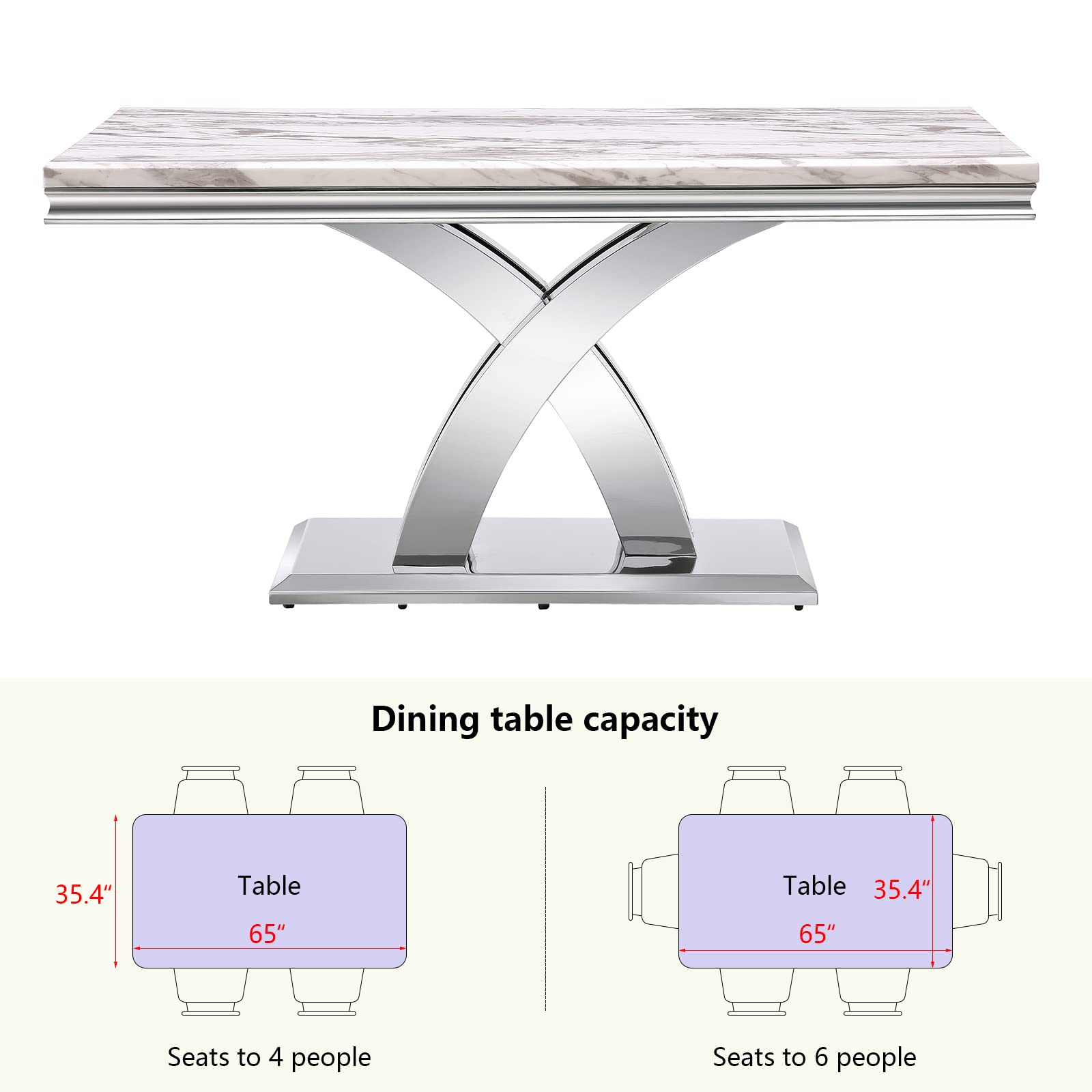 AUZ Dining Table, 65" Rectangular Modern Kitchen and Dining Room Table with Silver Double X Base in White Silver
