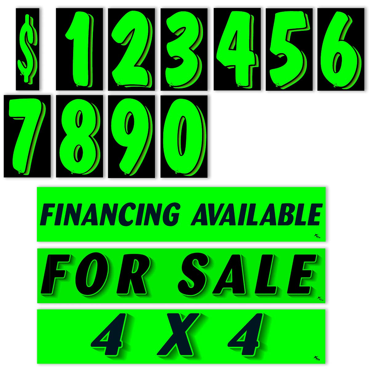 VERSA-TAGS 7.5" Black/Green Vinyl Number Decals 11 Dozen Set Windshield Pricing & 1 Pack of Each of Financing Available, for Sale, 4X4 14.5" x 2.75" Sticker Windshield Decal Auto Dealership