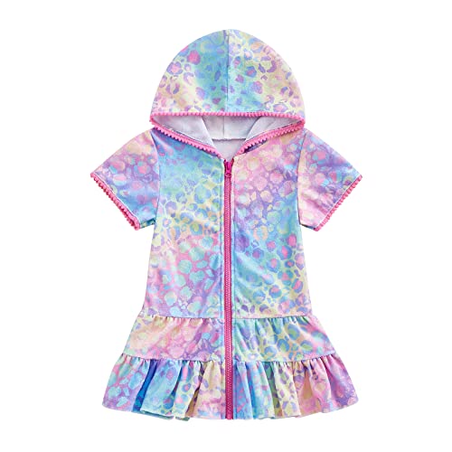 Girls Swim Cover Up Kid Hooded Zip-Up Terry Swimsuit Coverup Towel Bathing Suit Bathrobe Pool Swim Beach Robe Dress (Colorful, 7-8 Years)