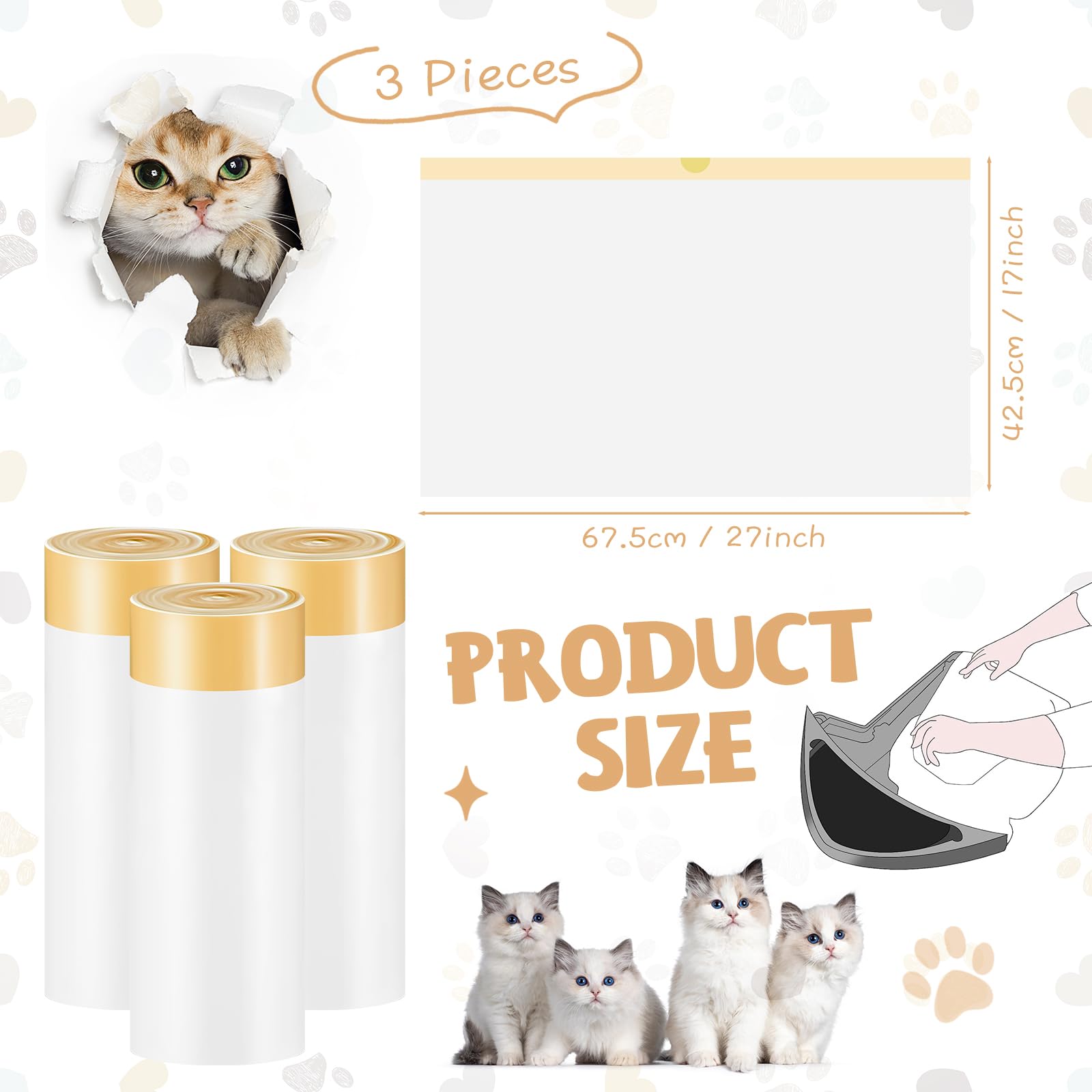 Paterr Cat Litter Box Liners Bags with Drawstring Waste Drawer Liners Cat Litter Bags 9-11 Gallons Replacement Bags for Kitten Pan Tray Waste, 27" x 17"(60 Pcs)