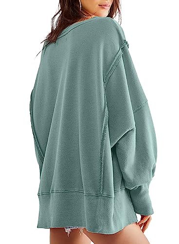 Beaully Women’s Oversized Contrast Patchwork Sweatshirt Casual Side Split High Low Hem Boyfriend Pullover Tops Streetwear 6088 Grey Blue Medium