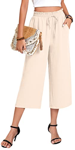Anyhold Womens Capri Pants Loose High Waisted Wide Leg Lounge Pants Drawstring Casual Palazzo Trousers with Pockets X-Large, Beige