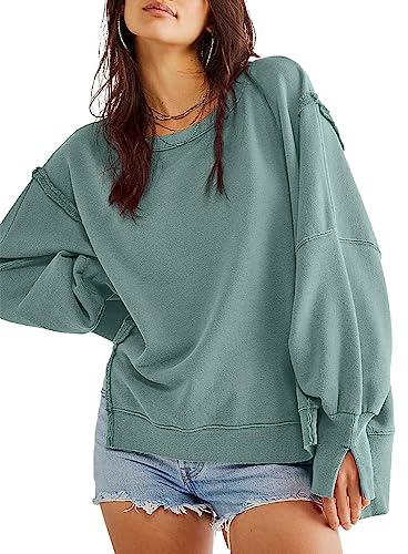 Beaully Women’s Oversized Contrast Patchwork Sweatshirt Casual Side Split High Low Hem Boyfriend Pullover Tops Streetwear 6088 Grey Blue Medium