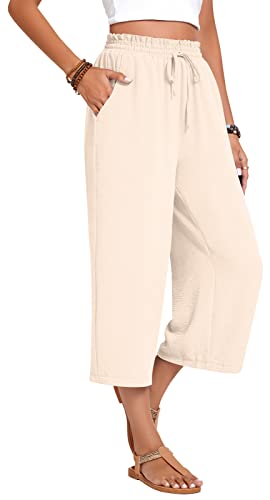 Anyhold Womens Capri Pants Loose High Waisted Wide Leg Lounge Pants Drawstring Casual Palazzo Trousers with Pockets X-Large, Beige