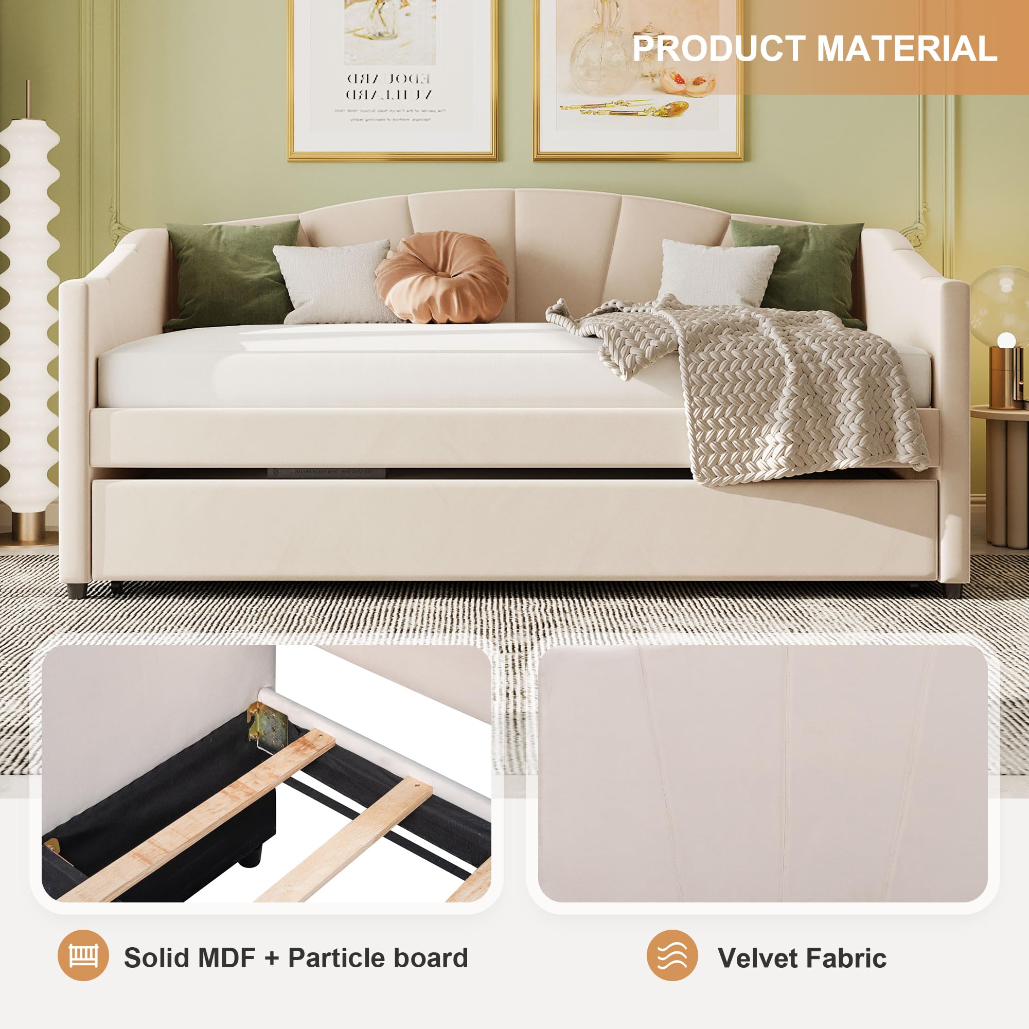 Flieks Twin Size Upholstered Daybed,Solid Wood Sofa Bed Frame Daybed Couch with Trundle Bed and Wood Slat,Beige