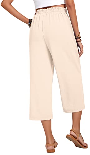 Anyhold Womens Capri Pants Loose High Waisted Wide Leg Lounge Pants Drawstring Casual Palazzo Trousers with Pockets X-Large, Beige