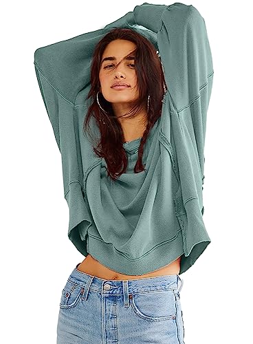 Beaully Women’s Oversized Contrast Patchwork Sweatshirt Casual Side Split High Low Hem Boyfriend Pullover Tops Streetwear 6088 Grey Blue Medium