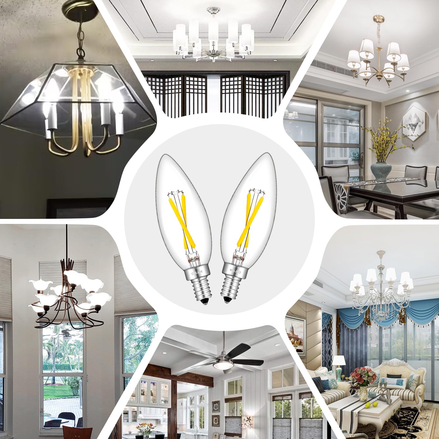 CRLight 2W 4000K LED Candelabra Bulb Daylight White 30W Equivalent 300LM, E12 Base Dimmable LED Chandelier Filament Light Bulbs, Antique Style B10 Clear Glass Candle Torpedo Tip, 12 Pack