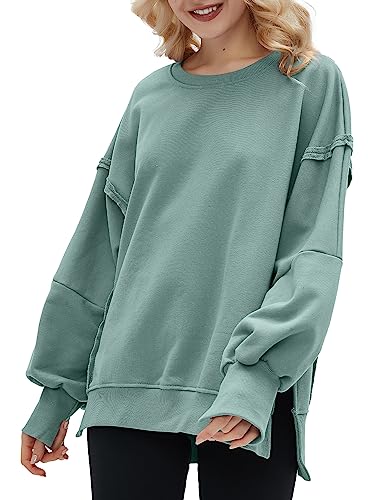 Beaully Women’s Oversized Contrast Patchwork Sweatshirt Casual Side Split High Low Hem Boyfriend Pullover Tops Streetwear 6088 Grey Blue Medium
