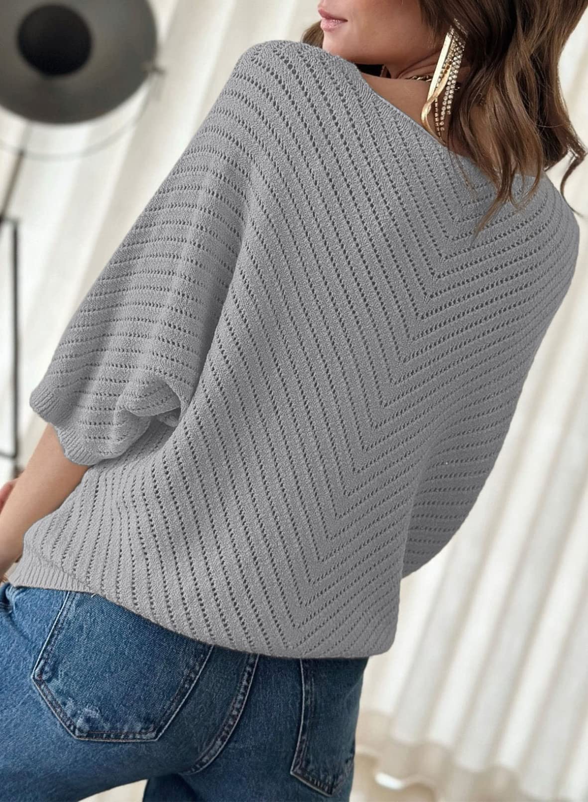 Dokotoo Womens Ladies Summer Fall V Neck 3/4 Short Sleeve Loose Pullover Knit Sweater Tunic Tops and Blouses Solid Color Casual T-Shirts Work Business Loose Shirts Grey Small