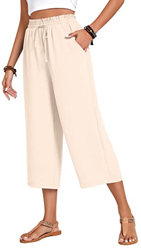 Anyhold Womens Capri Pants Loose High Waisted Wide Leg Lounge Pants Drawstring Casual Palazzo Trousers with Pockets X-Large, Beige