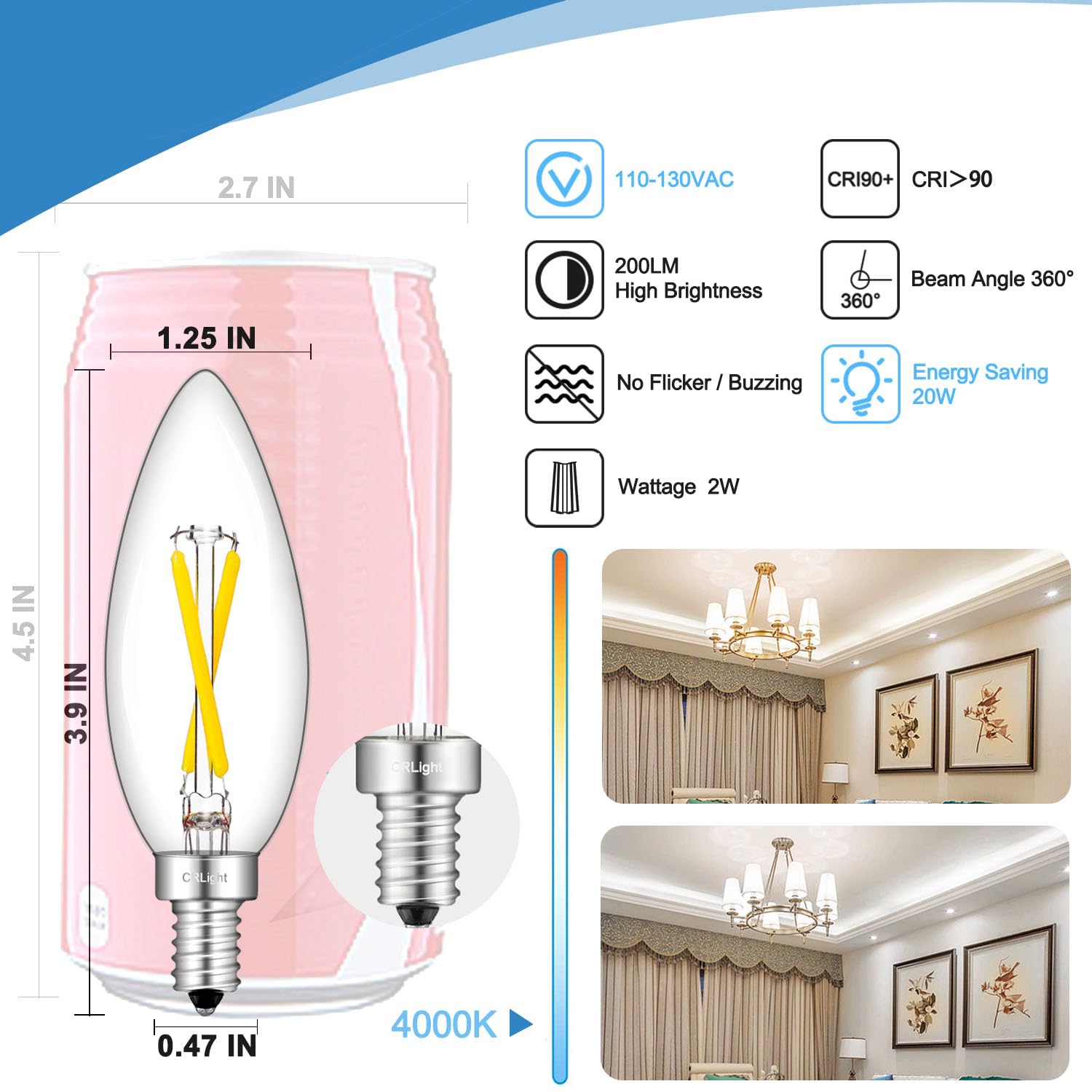 CRLight 2W 4000K LED Candelabra Bulb Daylight White 30W Equivalent 300LM, E12 Base Dimmable LED Chandelier Filament Light Bulbs, Antique Style B10 Clear Glass Candle Torpedo Tip, 12 Pack