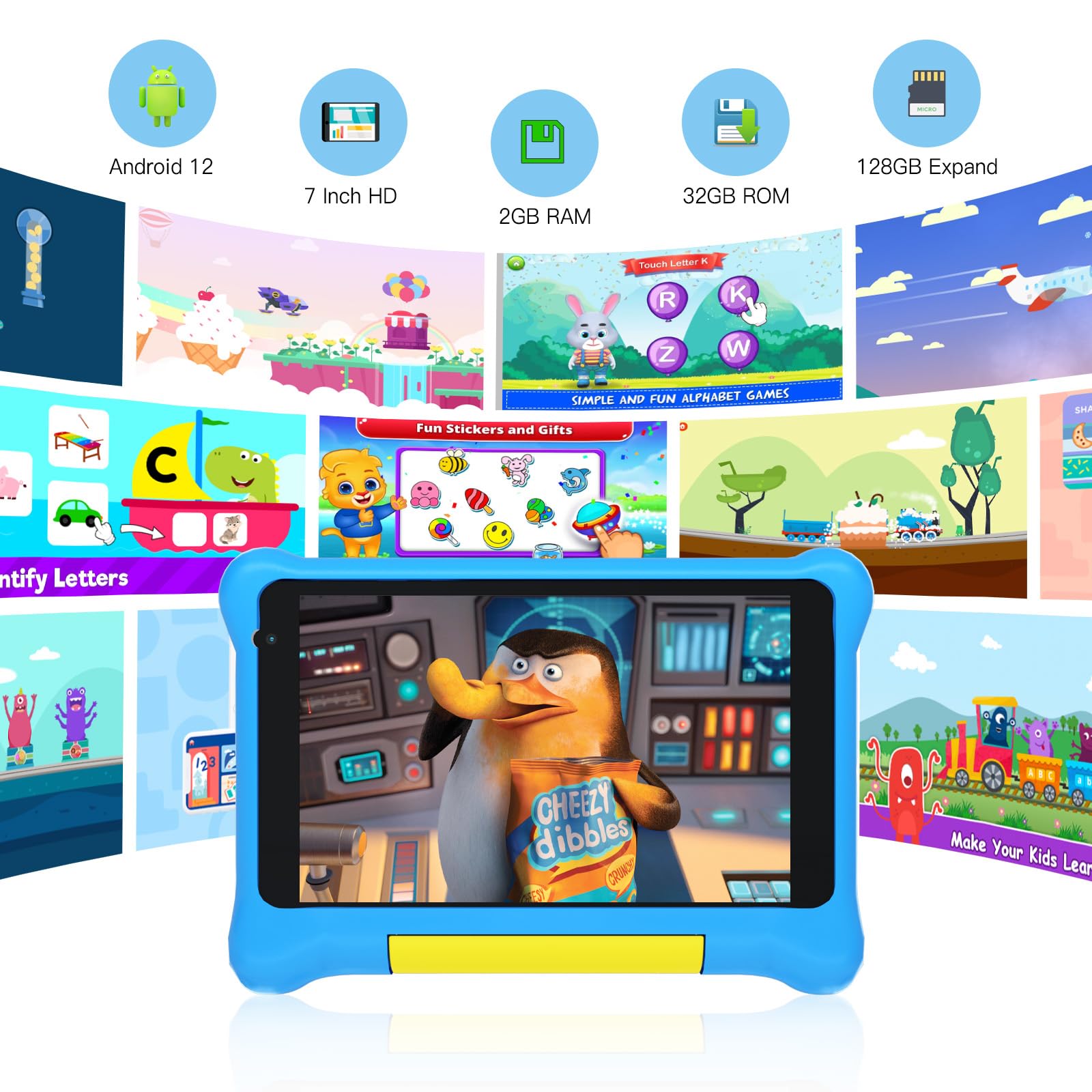 Anyway.go Kids Tablet 7 inch Tablet for Kids with Android 12, 32GB Storage, Blue Color, Parental Controls, HD Display, Kidoz Pre-Installed