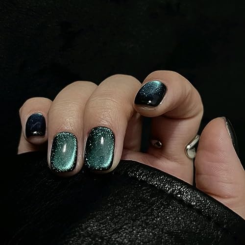 Fantasticlady Glue on Nails Short,Magnetic Green Cat Eye,Press on Nails Short Square,Short Fake Nails,False Nails Short,Acrylic Nails Press on,Short Nails Press on,Natural Nails for Women.