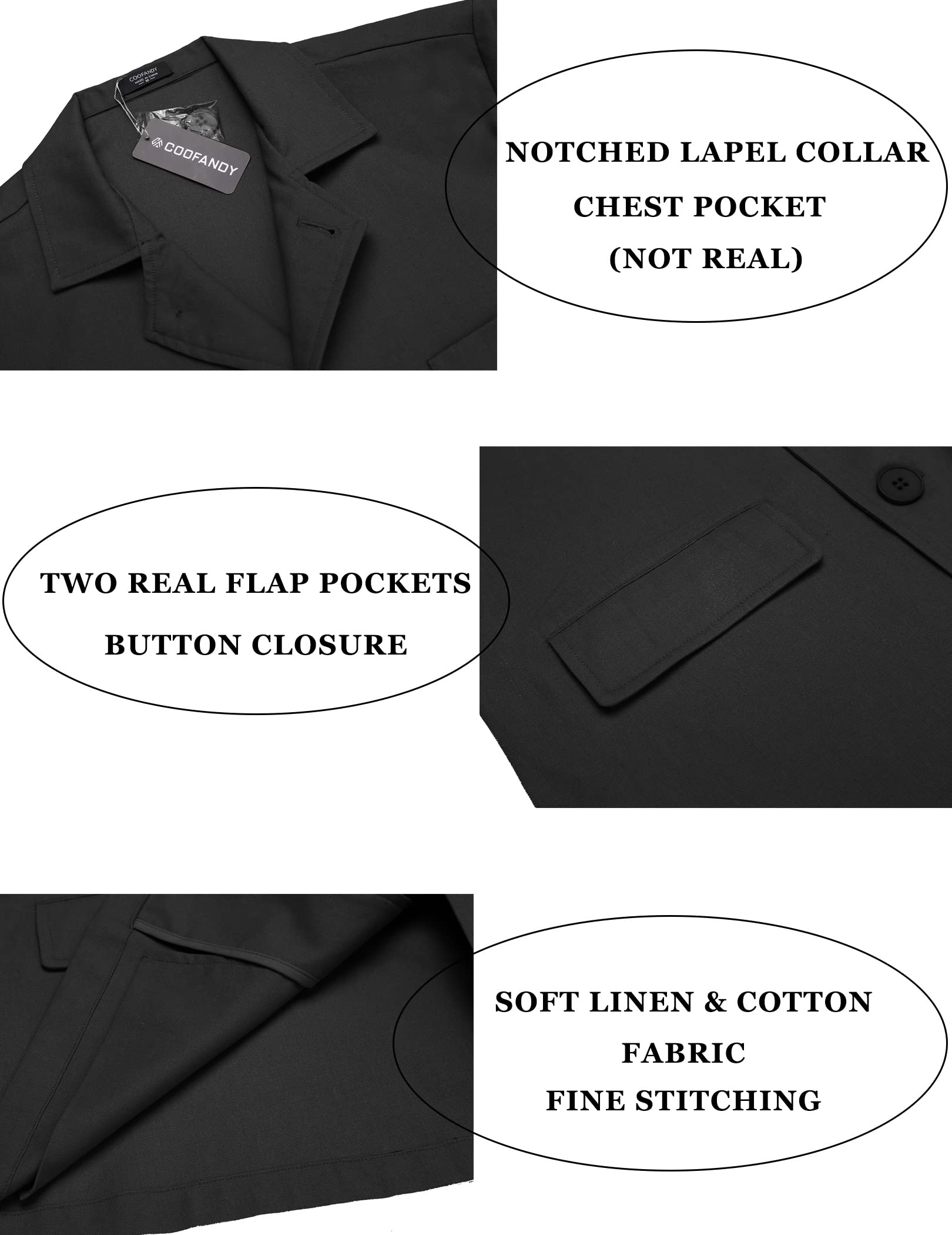 COOFANDY Mens Linen Cotton Casual Suits Blazer Jackets Lightweight Sports Coats# Black