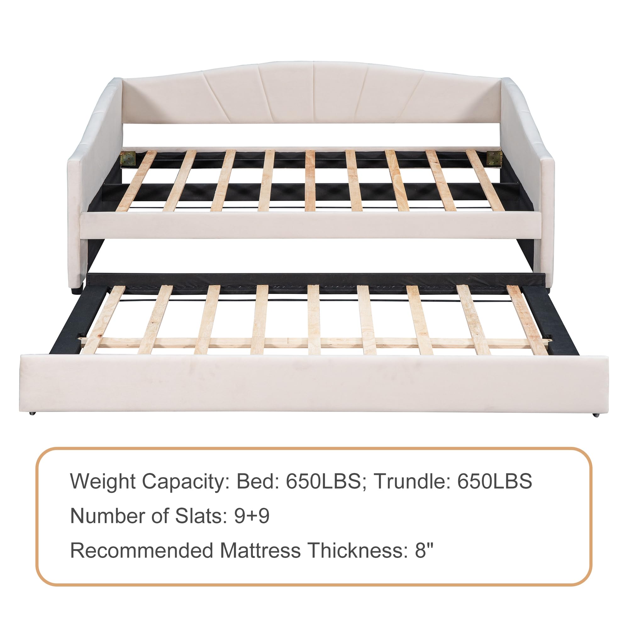 Flieks Twin Size Upholstered Daybed,Solid Wood Sofa Bed Frame Daybed Couch with Trundle Bed and Wood Slat,Beige