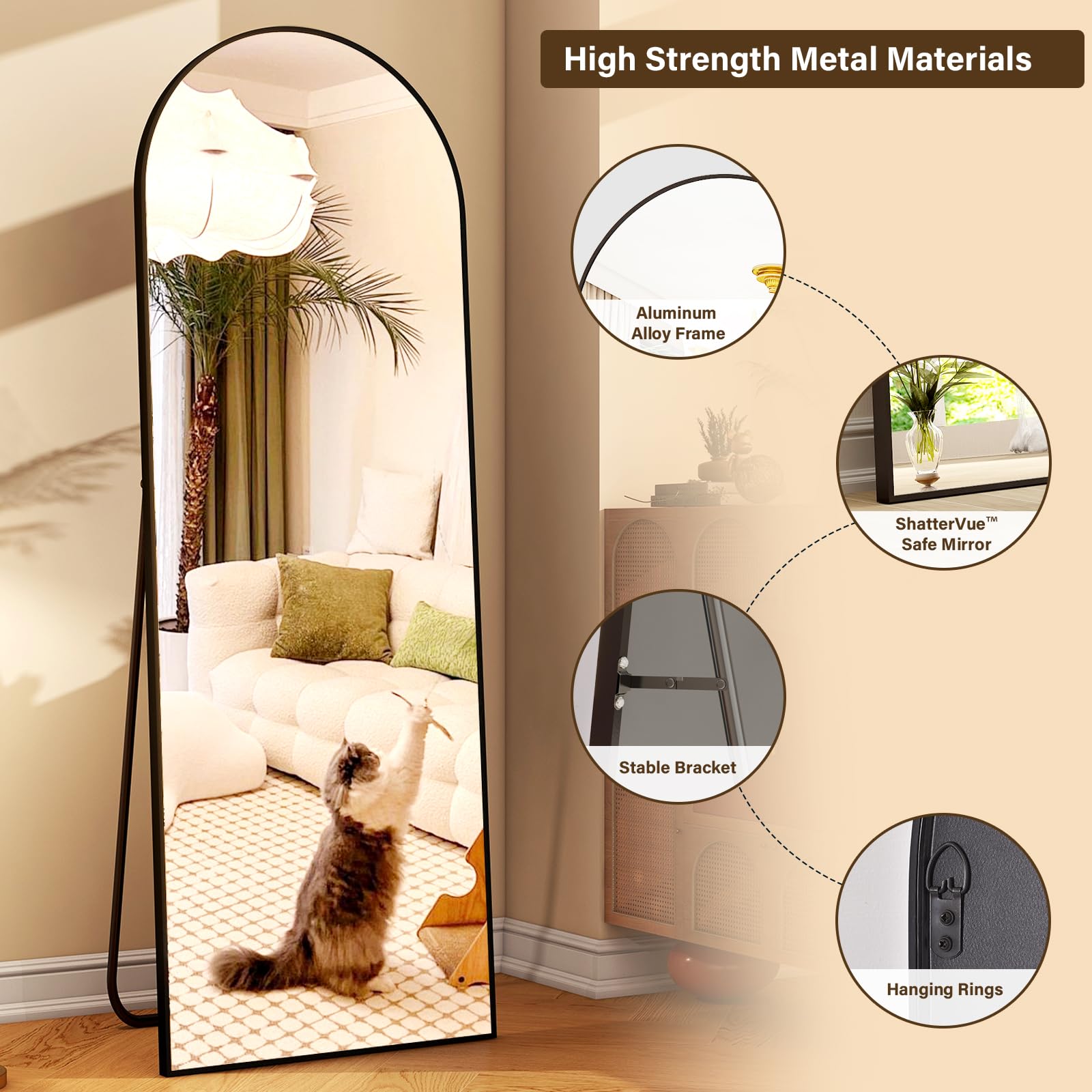 XRAMFY 58"x18" Arched Full Length Mirror Floor Mirrors with Aluminum Alloy Frame Free-Standing Wall Mounted Floor Mirrors or Large Dressing Mirror, Black Mirror Full Length