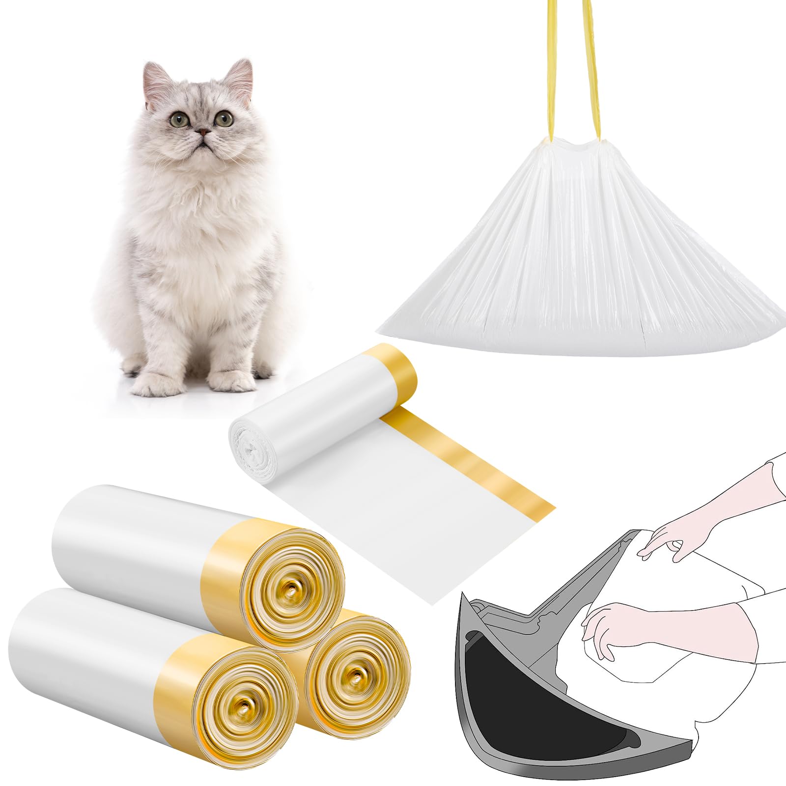 Paterr Cat Litter Box Liners Bags with Drawstring Waste Drawer Liners Cat Litter Bags 9-11 Gallons Replacement Bags for Kitten Pan Tray Waste, 27" x 17"(60 Pcs)