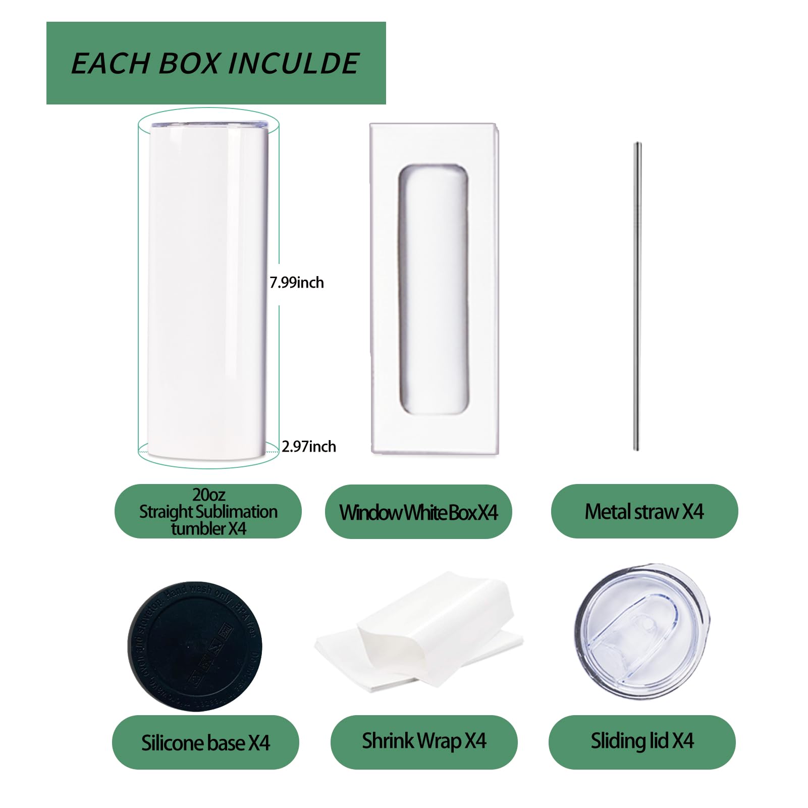 4pack 20oz sublimation straight flat edge tumbler bluk double wall stainless steel vacuum cup with metal straw, For Heat Press Sublimation Printing