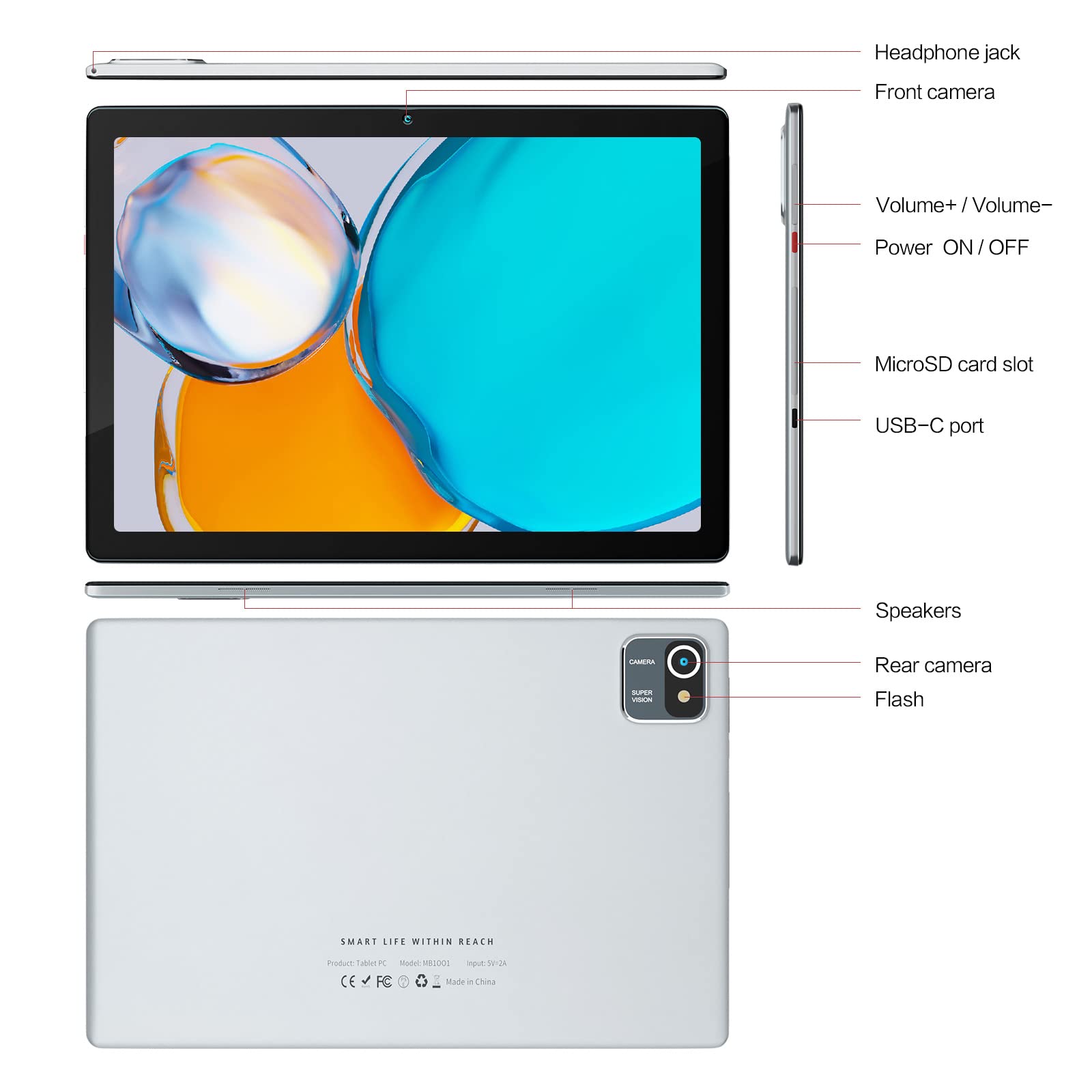 Mouikei 10 inch Tablet Android 12 Tablets, Quad-Core Tablet PC, 32GB ROM 128GB Expand, 1280x800 HD Touch Screen, 5000mAh, Dual Speaker, Bluetooth, WiFi, Dual Camera, GPS, Silver