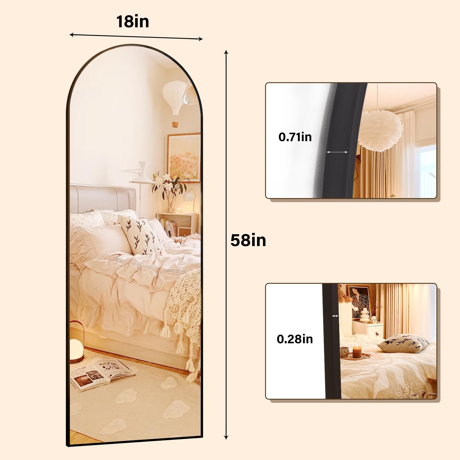 XRAMFY 58"x18" Arched Full Length Mirror Floor Mirrors with Aluminum Alloy Frame Free-Standing Wall Mounted Floor Mirrors or Large Dressing Mirror, Black Mirror Full Length