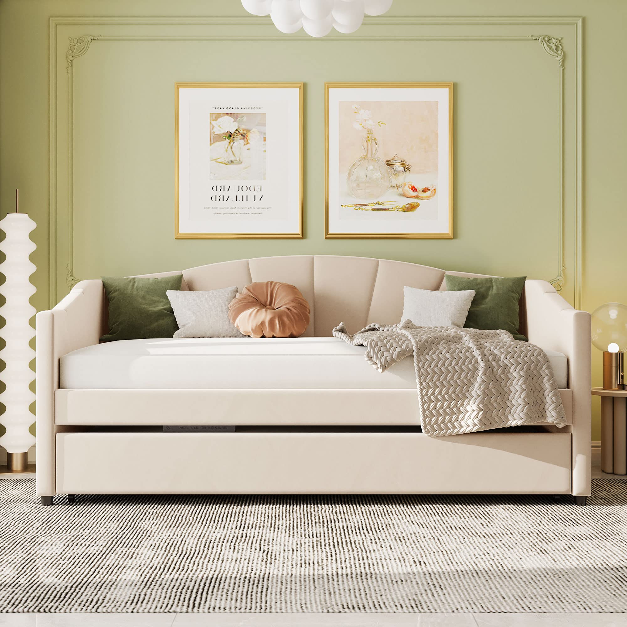 Flieks Twin Size Upholstered Daybed,Solid Wood Sofa Bed Frame Daybed Couch with Trundle Bed and Wood Slat,Beige