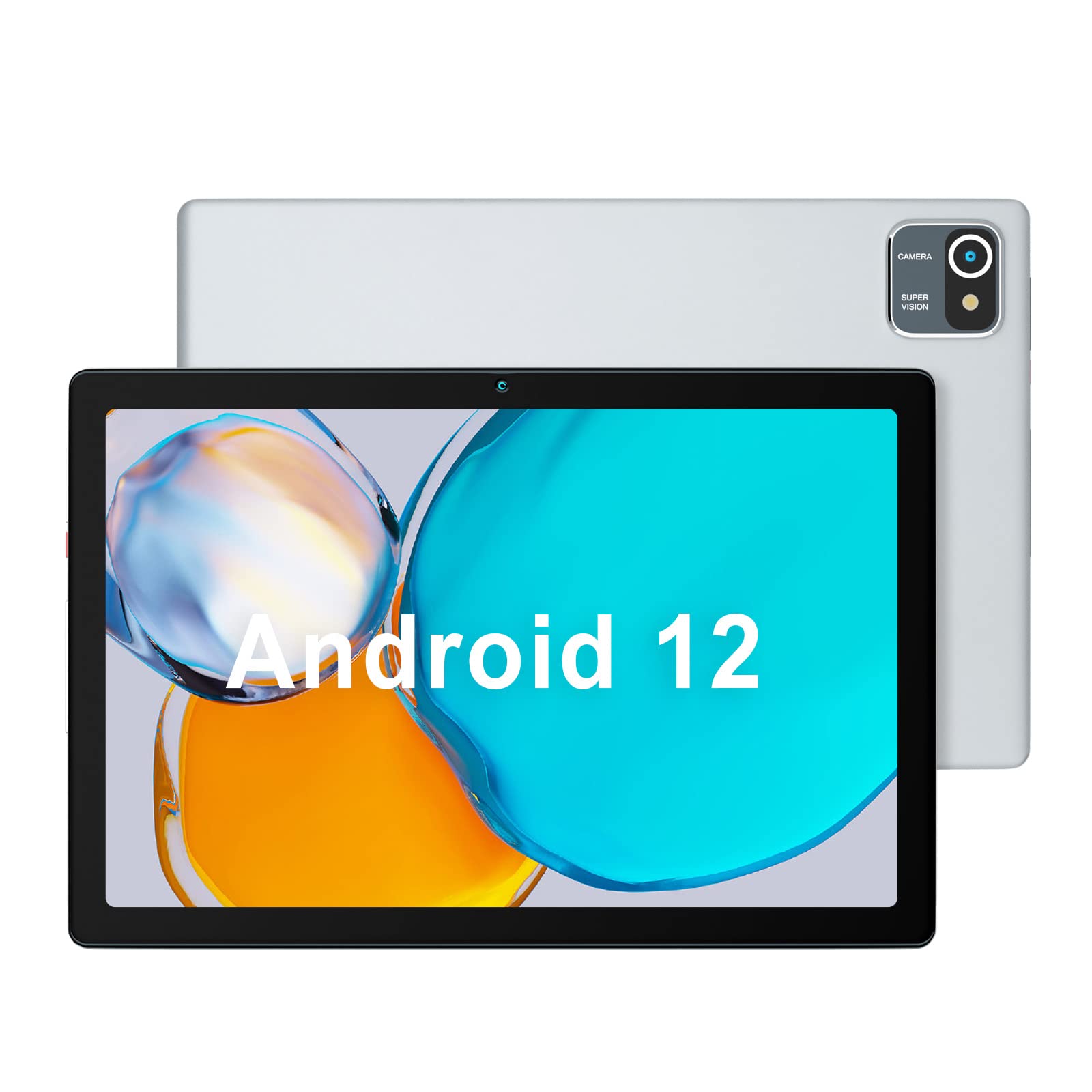Mouikei 10 inch Tablet Android 12 Tablets, Quad-Core Tablet PC, 32GB ROM 128GB Expand, 1280x800 HD Touch Screen, 5000mAh, Dual Speaker, Bluetooth, WiFi, Dual Camera, GPS, Silver