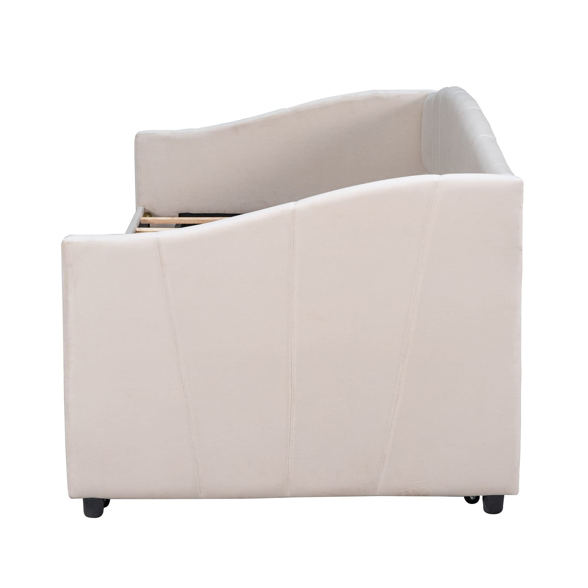 Flieks Twin Size Upholstered Daybed,Solid Wood Sofa Bed Frame Daybed Couch with Trundle Bed and Wood Slat,Beige