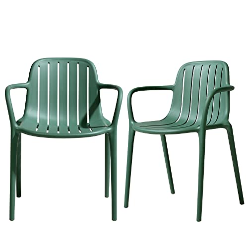 LESHI Dining Chair with Armrests Backrest Plastic Chairs Bar Breathable Design Simple Art Style for DiningRoom Bedroom Living Room Patio Indoor Outdoor (Set of 2, Dark Green)
