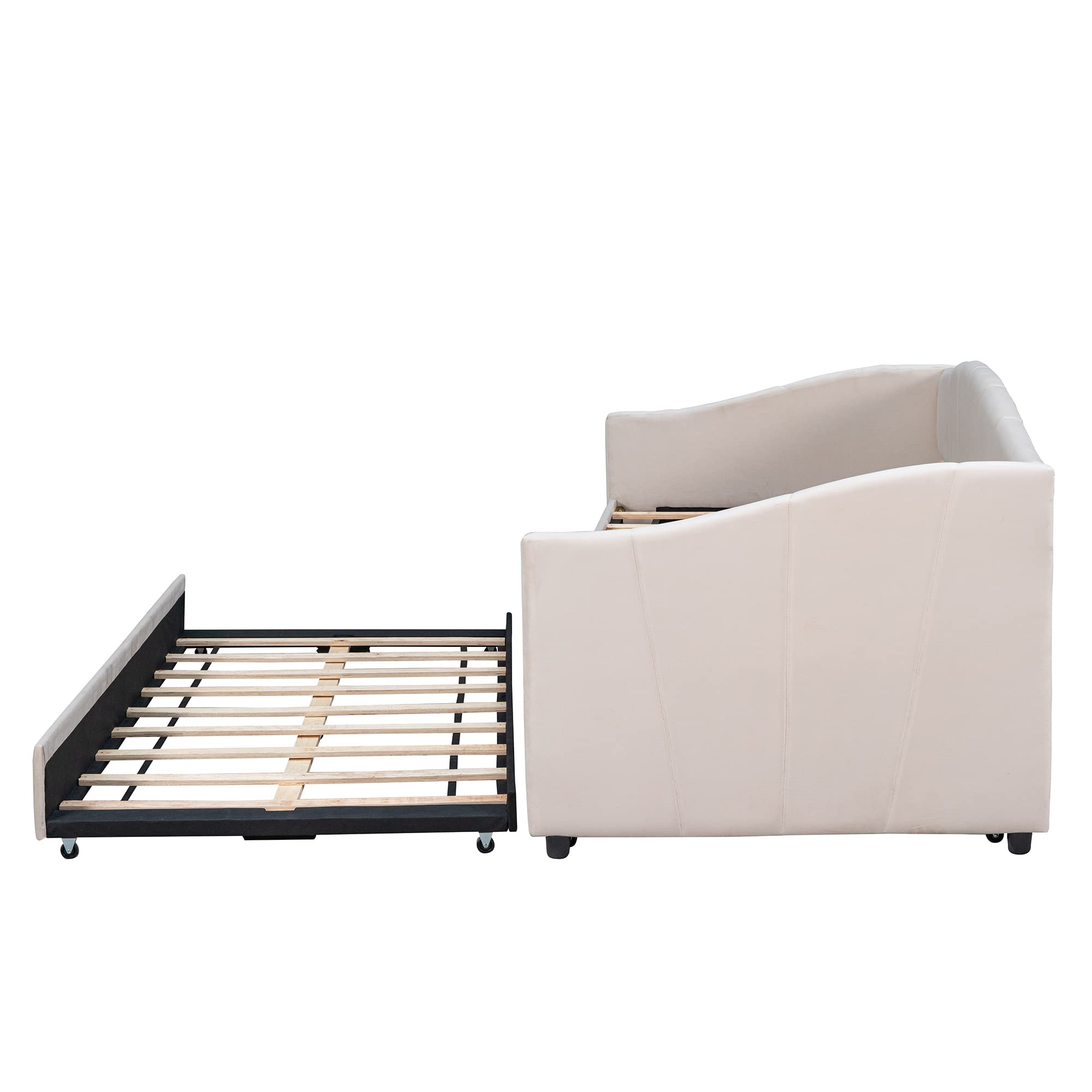 Flieks Twin Size Upholstered Daybed,Solid Wood Sofa Bed Frame Daybed Couch with Trundle Bed and Wood Slat,Beige
