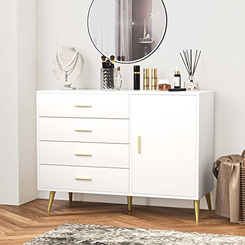 RESOM Storage Cabinet with Drawers & Door, Sideboard Cabinet with Adjustable Shelf, Printer Stand for Home Office, Free Standing Accent Cabinet for Living Room, Bedroom and Hallway (White)