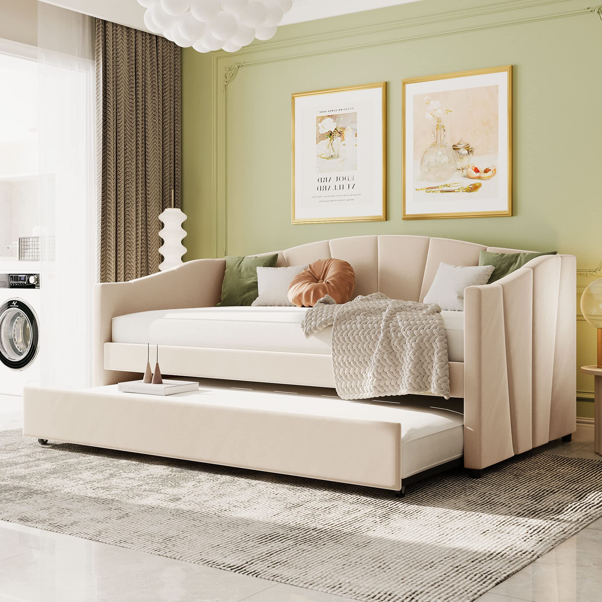 Flieks Twin Size Upholstered Daybed,Solid Wood Sofa Bed Frame Daybed Couch with Trundle Bed and Wood Slat,Beige