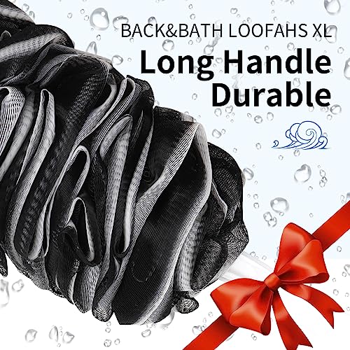 BCKENEY Bath Loofah Sponge Back Brush with Long Handle Extra Large 75g Soft Mesh Shower Poufs for Women & Men - Exfoliator Bathing Accessories (3Pcs 75G XL Charcoal Black)