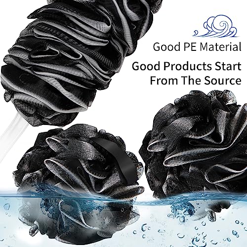 BCKENEY Bath Loofah Sponge Back Brush with Long Handle Extra Large 75g Soft Mesh Shower Poufs for Women & Men - Exfoliator Bathing Accessories (3Pcs 75G XL Charcoal Black)