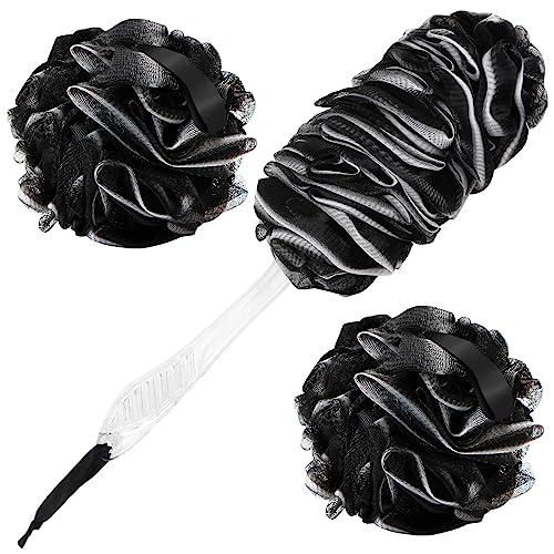 BCKENEY Bath Loofah Sponge Back Brush with Long Handle Extra Large 75g Soft Mesh Shower Poufs for Women & Men - Exfoliator Bathing Accessories (3Pcs 75G XL Charcoal Black)