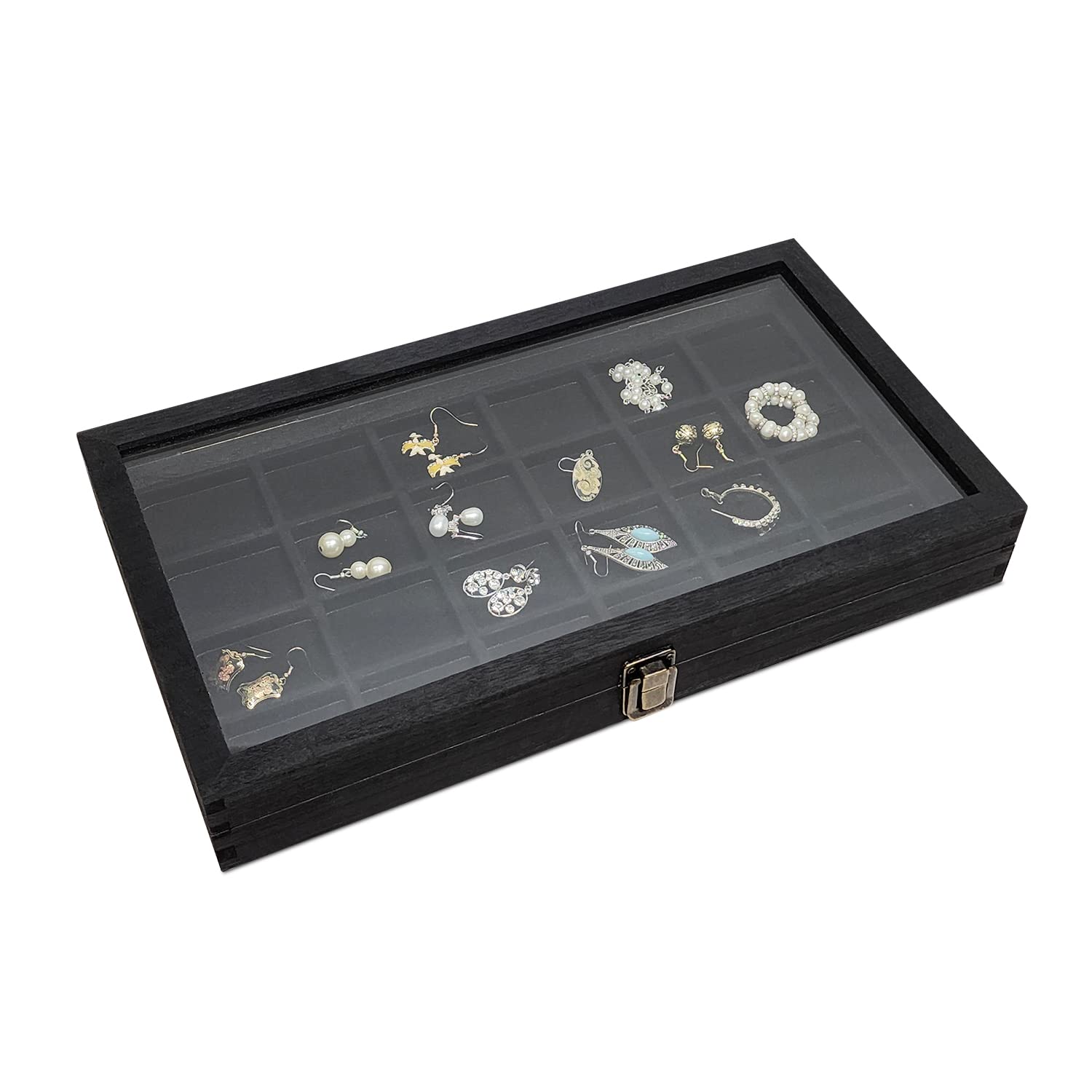 MOOCA Natural Wood Tempered Glass Top Jewelry Display Case Accessories Storage Box with Metal Clasp & Removable 24 Compartment Flocked Tray Liner, Wooden Jewelry Tray for Collectibles, Black